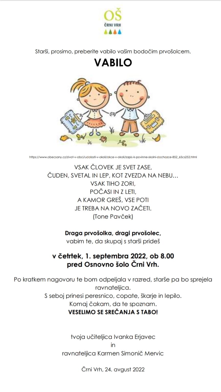 Prvošolke in prvošolci, vabljeni na našo šolo - OŠ Črni Vrh